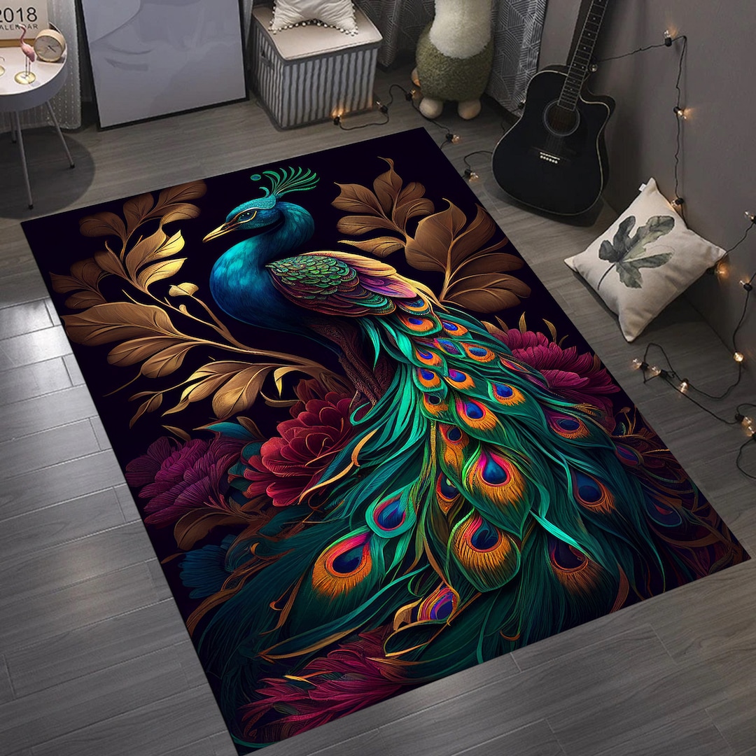 Peacock Rug, Peacock Patterned Rug, Animal Decor Rug, Decorative Rug ...