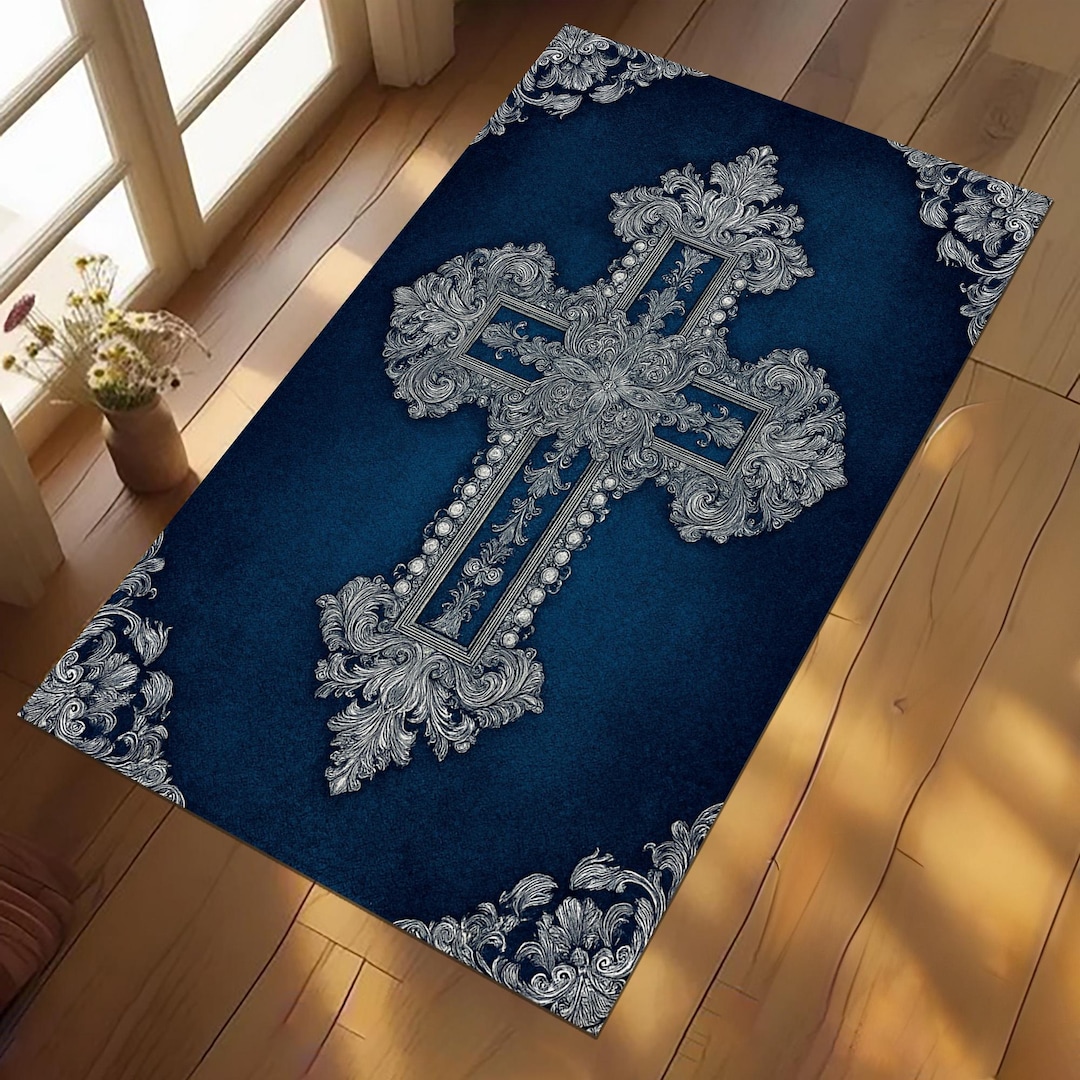 Catholic Prayer Rug, Ornate Cross Design, Personalized Christian Mat - Etsy