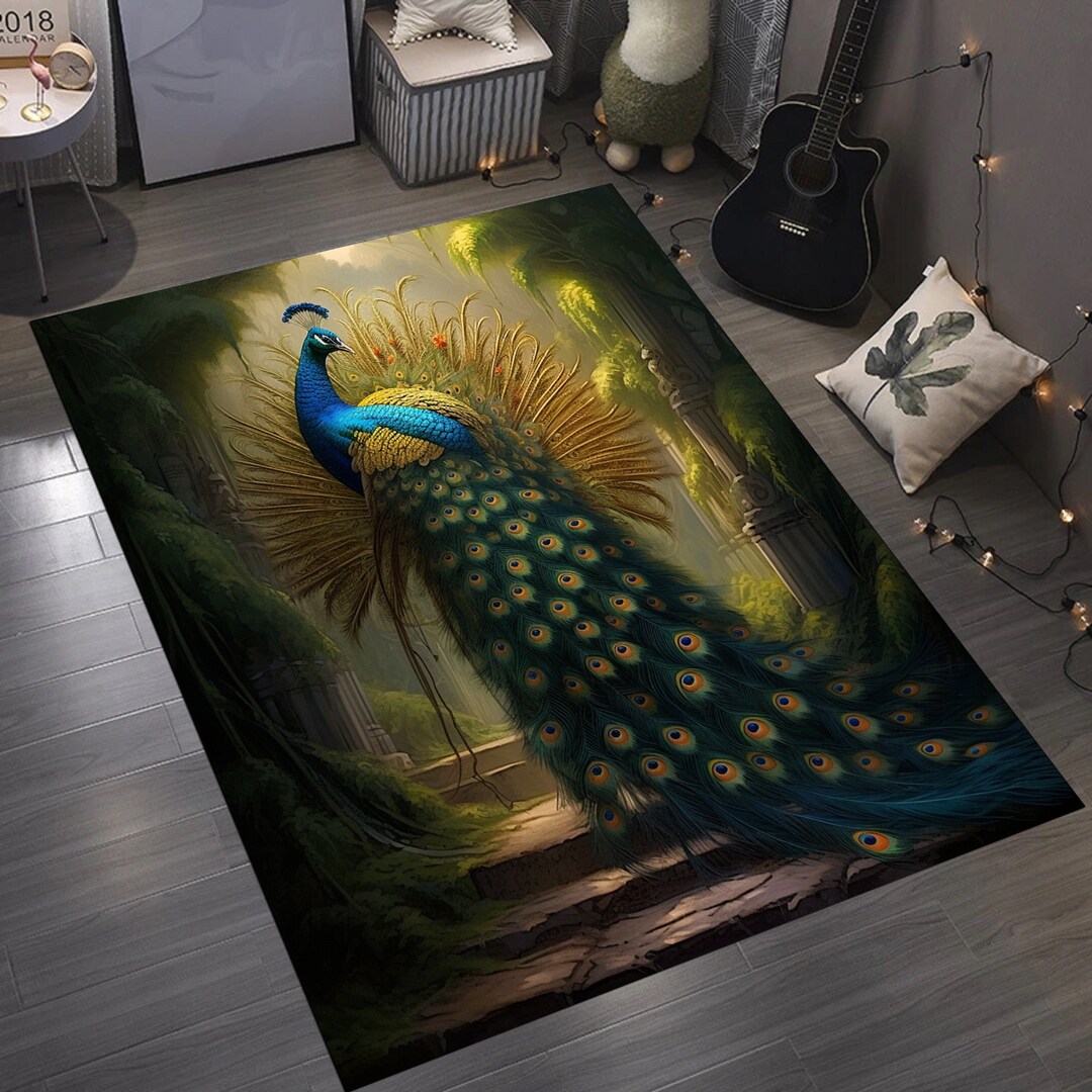 Peacock Rug, Peacock Patterned Rug, Animal Decor Rug, Decorative Rug ...
