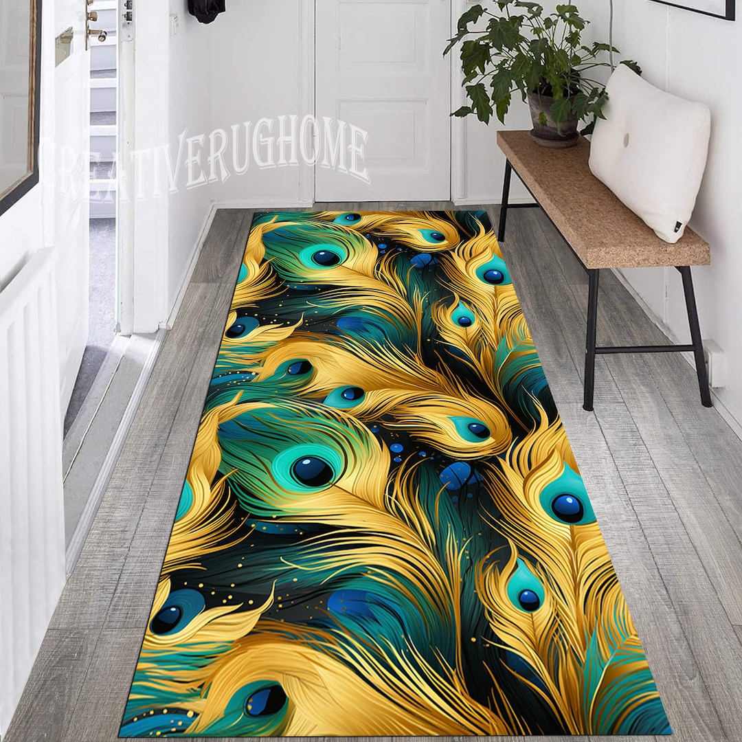 Peacock Feather Rug, Peacock Patterned Rug, Peacock Feather Runner Rug ...