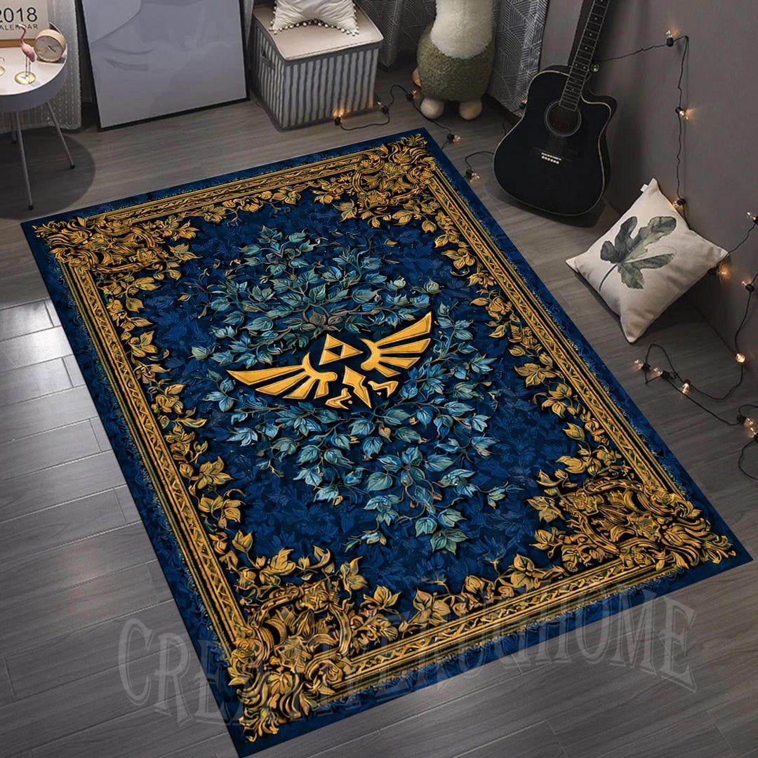 Zelda Hylian Crest Rug, Blue Gold Ornate Leaf Border Carpet, Fantasy ...