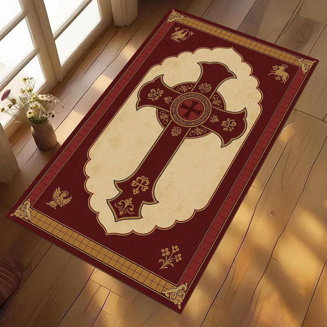 Catholic Prayer Rug, Ornate Cross Design, Personalized Christian Mat - Etsy