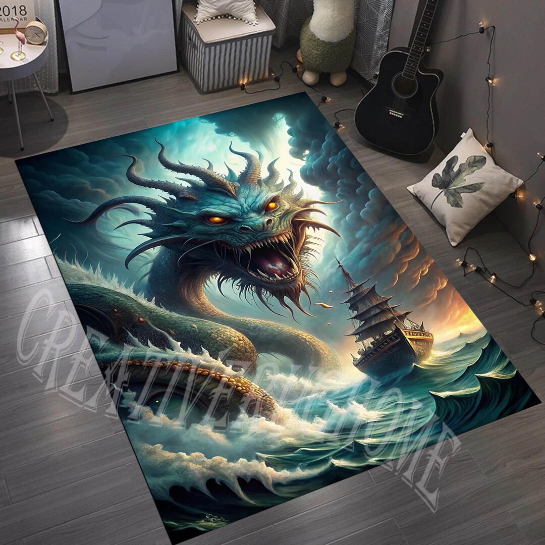 Dragon Rug, Dragon Pattern Rug, Sea Design Rug, Ship Pattern Rug ...