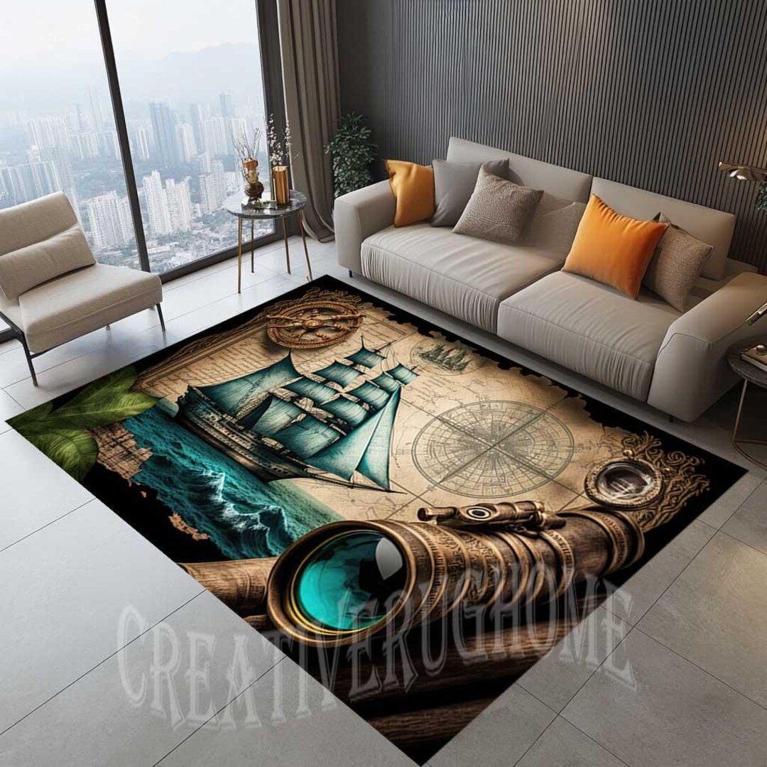 Old Maps Rug, Compass Rug, Compass Themed Rug, Nautical Rug, Telescope ...