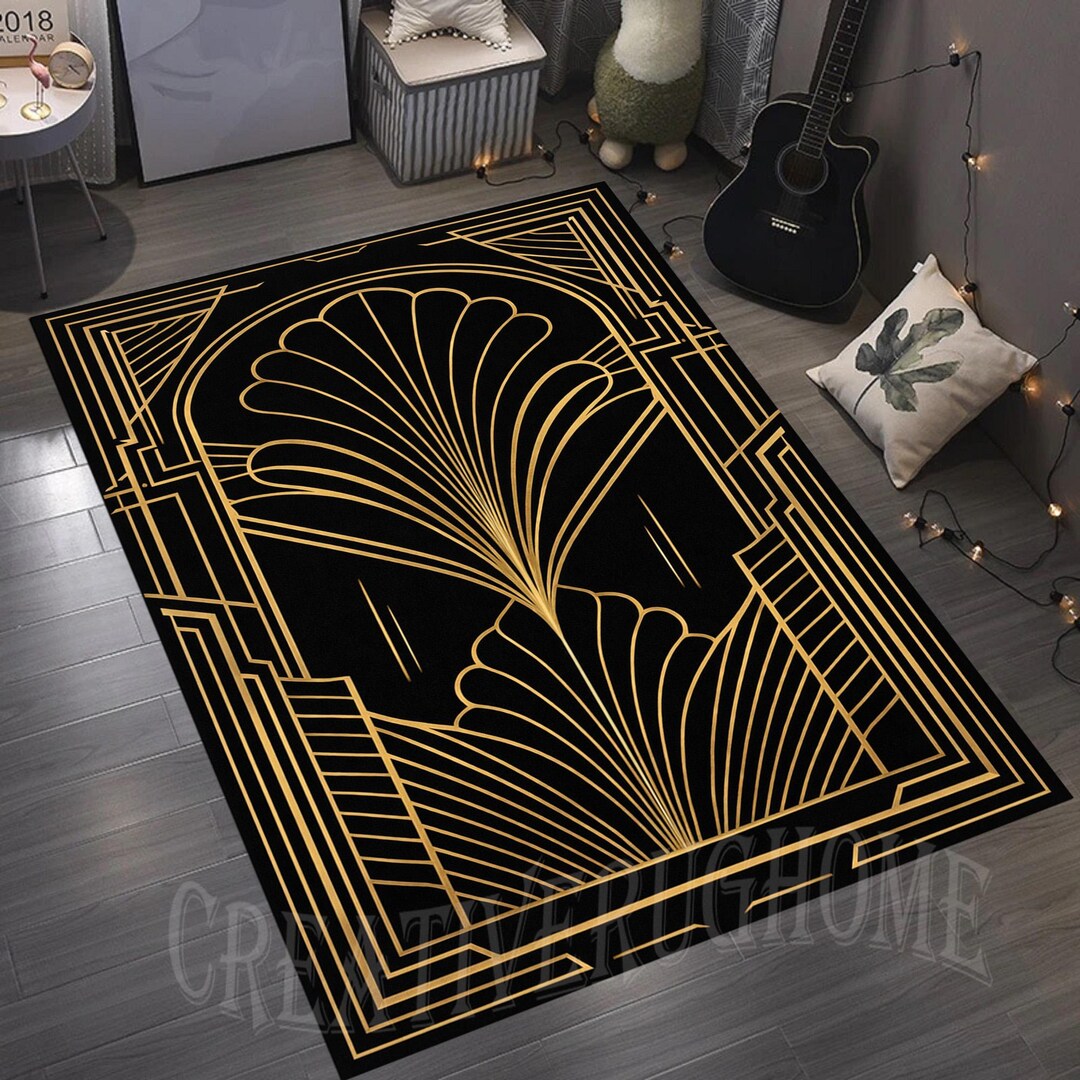 Art Deco Shell Rug, Black Gold Geometric Carpet, Luxury Modern Decor - Etsy
