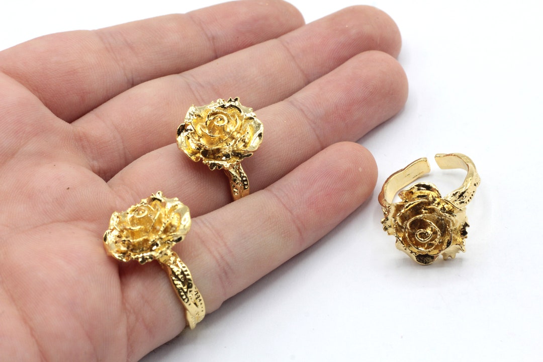 24k Shiny Gold Adjustable Tiny Rose Ring, Flower Ring, Rose Ring, 3D ...