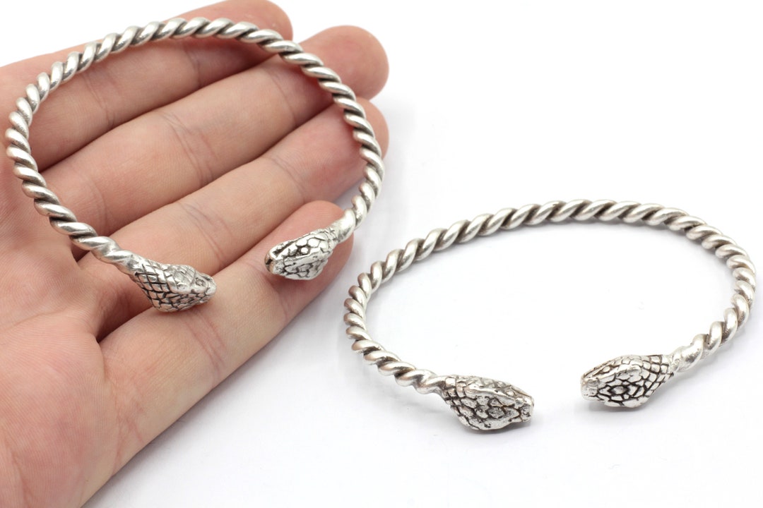 65mm Antique Silver Adjustable Snake Bracelet, Double Snake Head ...