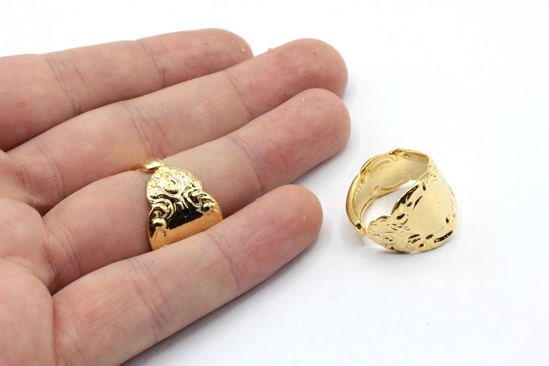24k Shiny Gold Adjustable Spoon Ring, Floral Spoon Ring, Gold Spoon ...