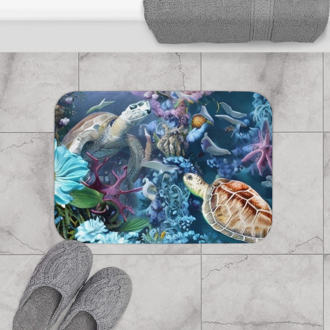 Beach House Sea Turtle Bath Mat | Minimalist Polyester Fabric Bath Mat ...