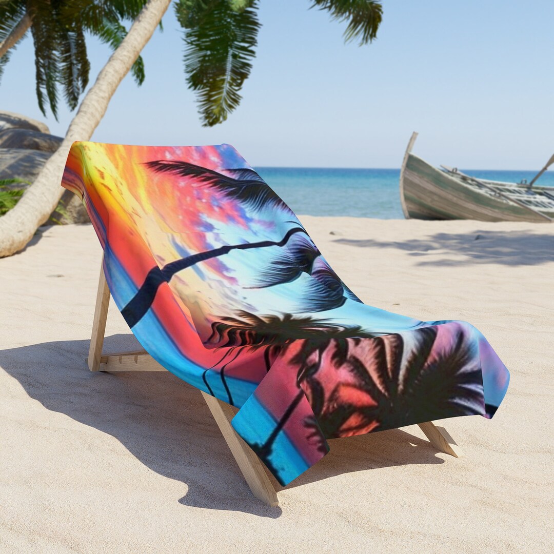 Palm Tree Sunset Beach Towel | Minimalist Polyester and Cotton Fabric ...