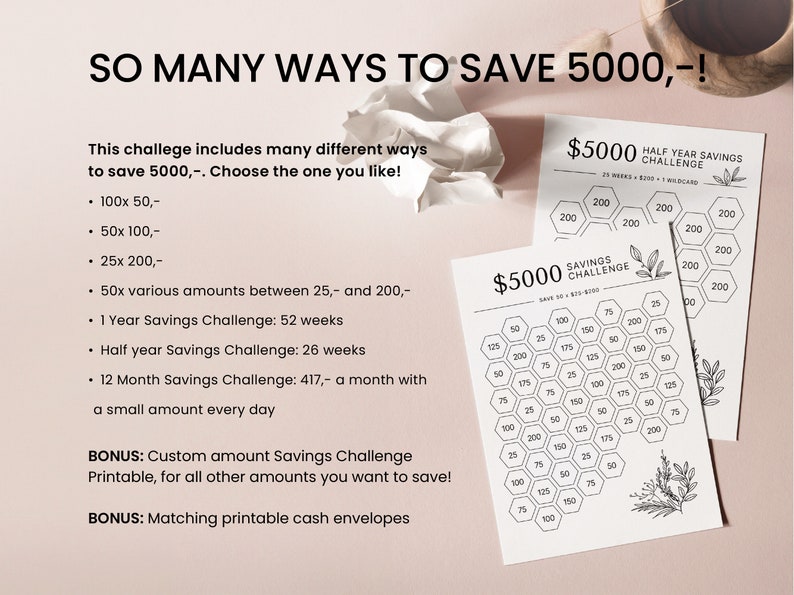 5000 Savings Challenge Printable, 5K in 6 Months, 1 Year, 52 Weeks or ...