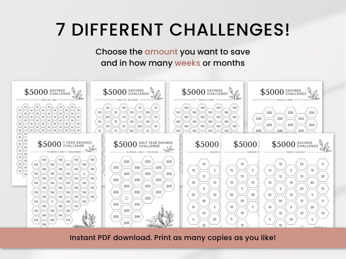5000 Savings Challenge Printable, 5K in 6 Months, 1 Year, 52 Weeks or ...