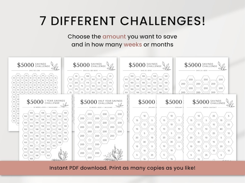 5000 Savings Challenge Printable, 5K in 6 Months, 1 Year, 52 Weeks or ...