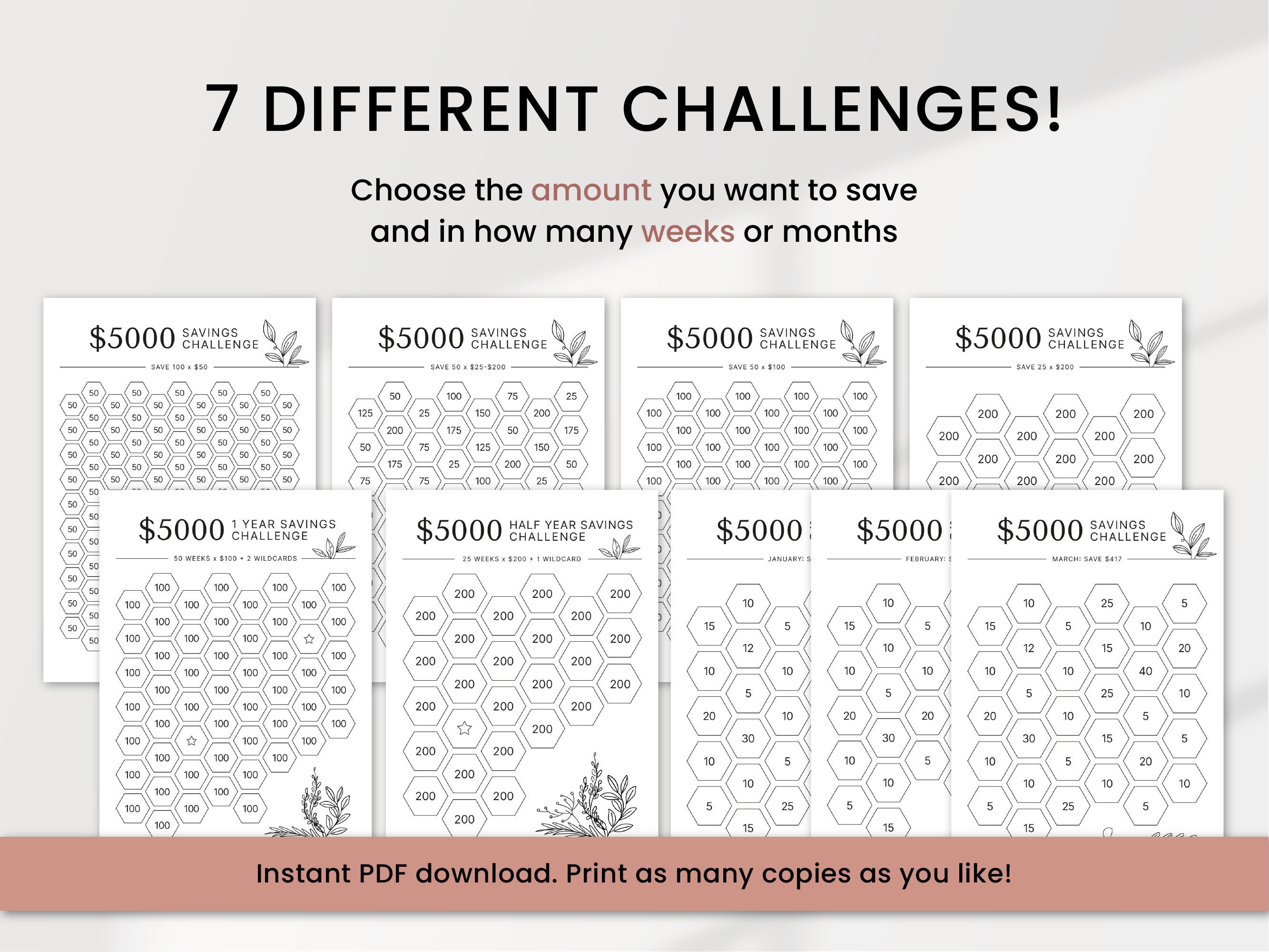 5000 Savings Challenge Printable, 5K in 6 Months, 1 Year, 52 Weeks or ...