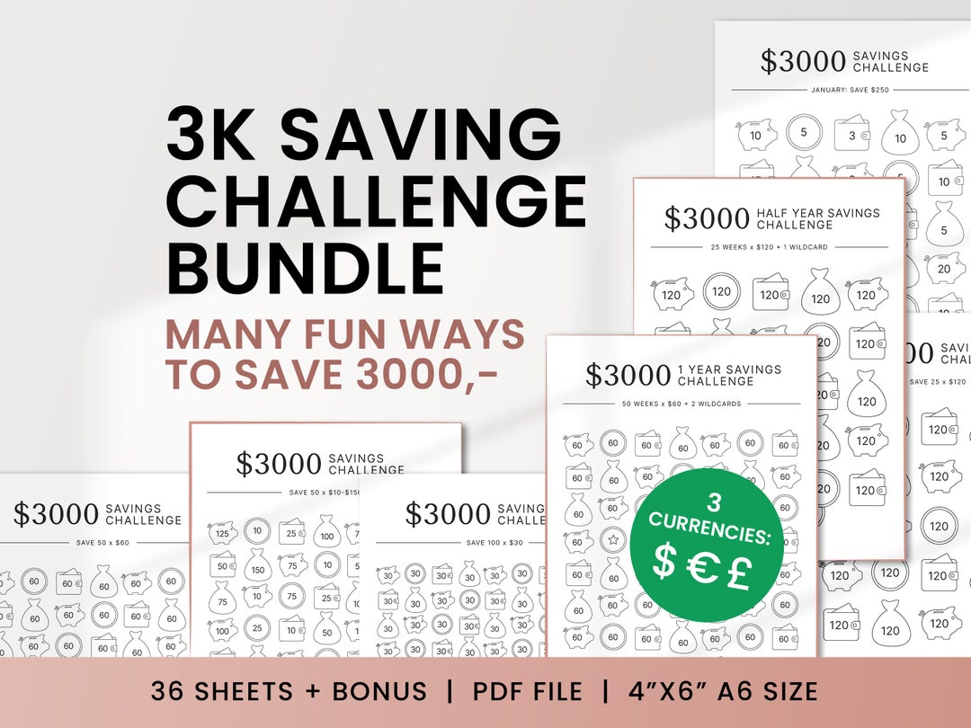 3K Saving Challenge Bundle, 3000 Savings Challenge Printable, 52 Week ...