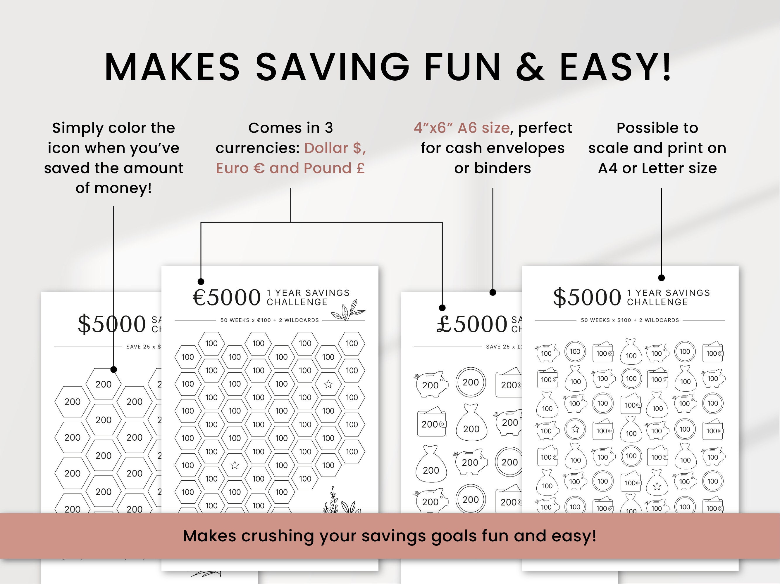 5000 Savings Challenge Printable, 5K in 6 Months, 1 Year, 52 Weeks or ...