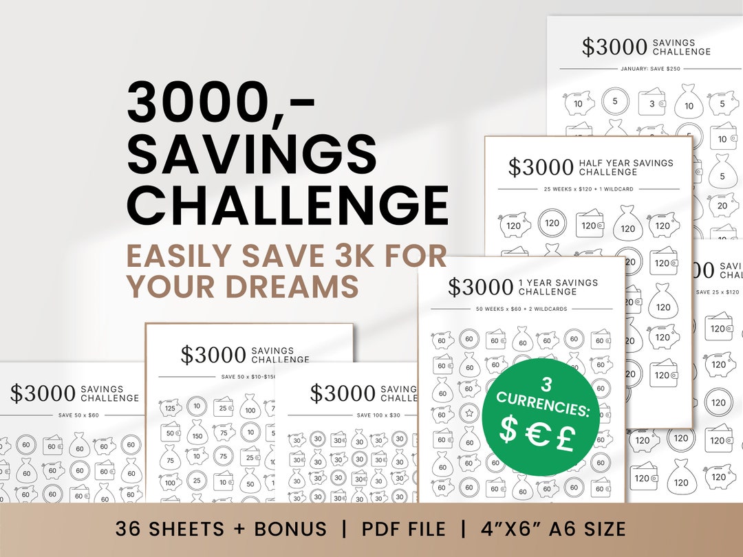 3000 Saving Challenge, 3K Savings Challenge, 3000 Savings Tracker ...