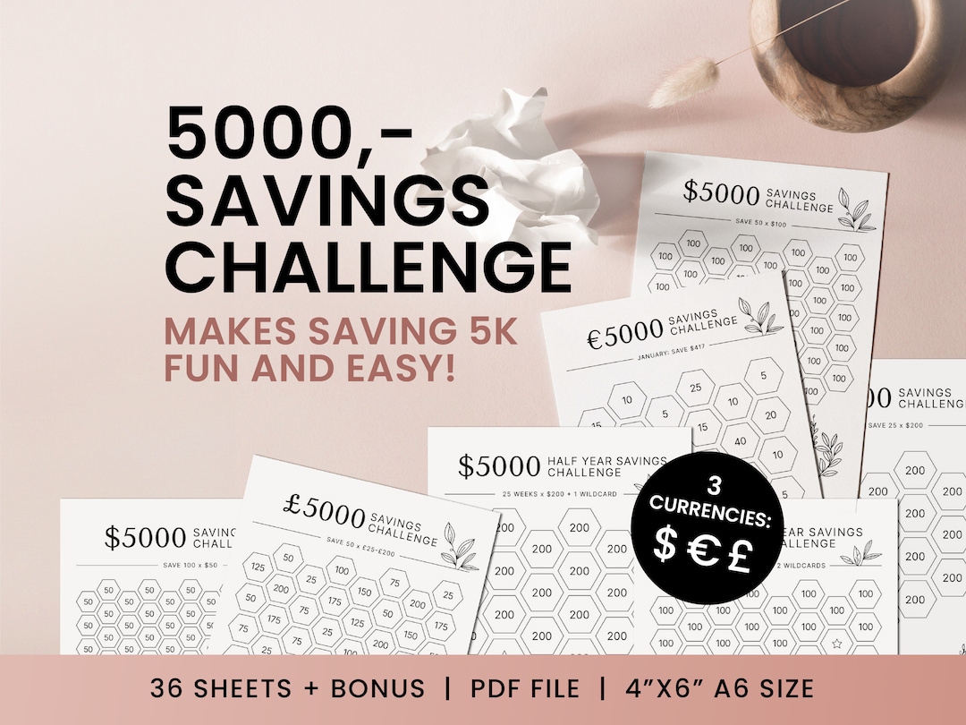 5000 Savings Challenge Printable, 5K in 6 Months, 1 Year, 52 Weeks or ...