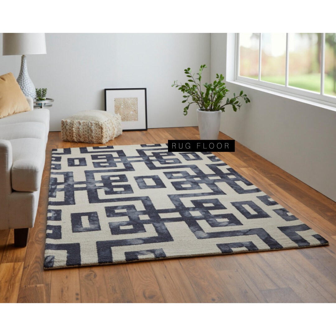 Black Geomatrical Pattern White Area Loop Hand Tufted Carpet Hand Made ...