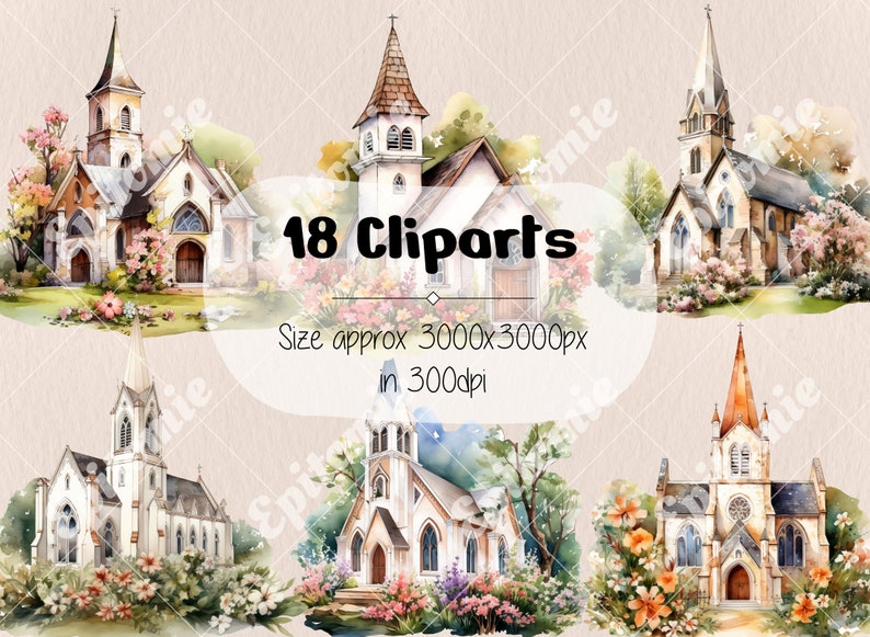 Church in Spring Clipart: 18 Peaceful Church Illustrations in ...
