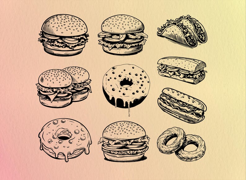 Fast Food SVG: Burger, Fries, Pizza, Junk Food Vector File - Etsy