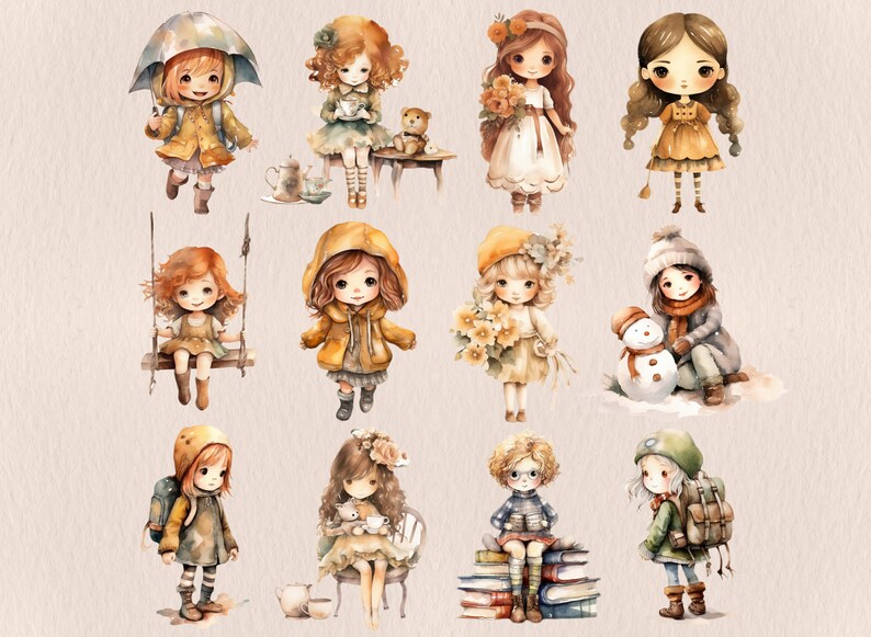 Autumn Girl Watercolor Clipart Autumn Kid Clipart PNG Autumn - Etsy