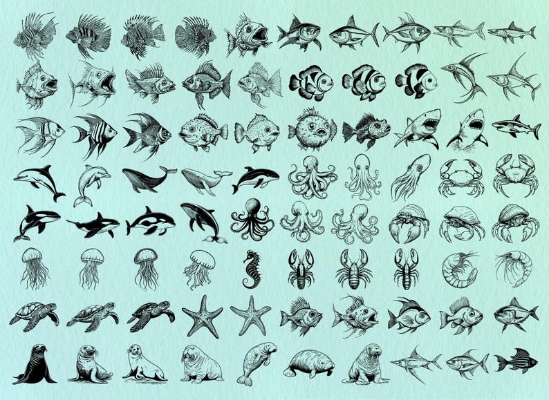 Deep Sea Fish SVG: 130 Ocean Animals Cut Files, Marine Life Vector File ...