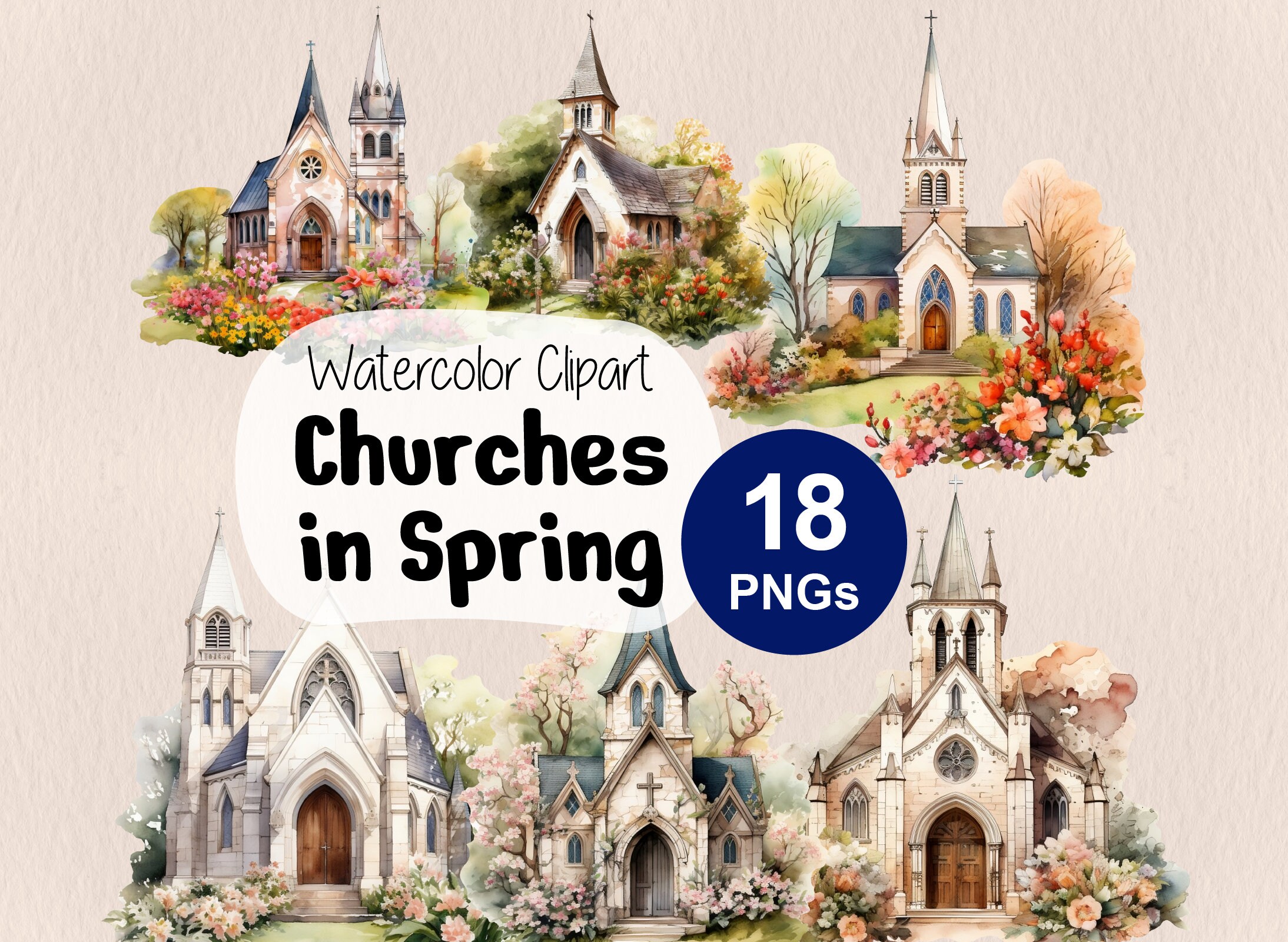 Church in Spring Clipart, Watercolor Baptism, Springtime Church ...