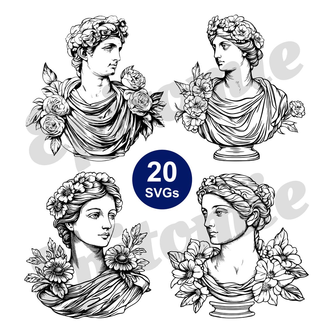 Floral Goddess Bust SVG: Elegant Greek God and Goddess Sculpture ...