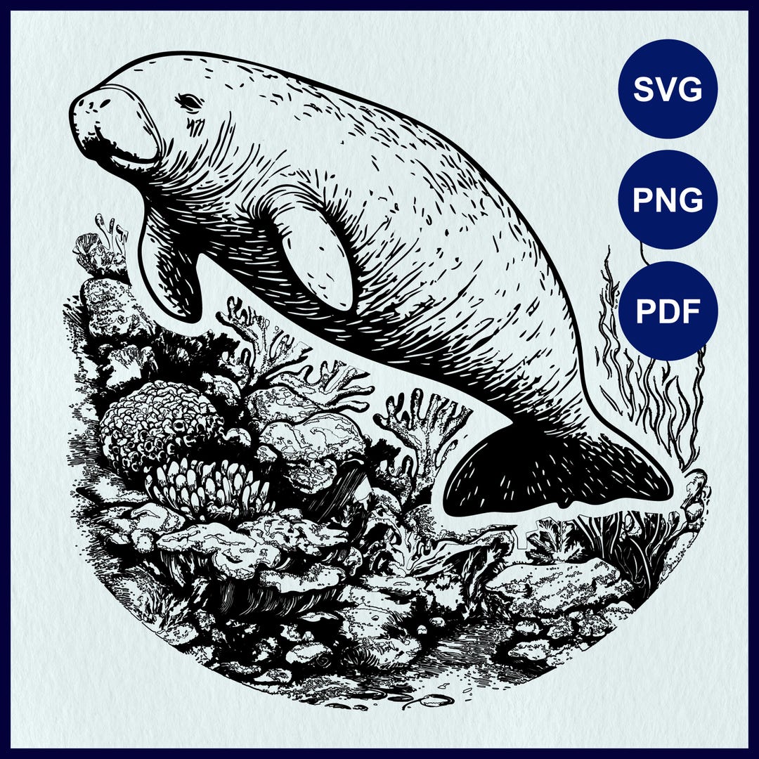 Manatee SVG | Sea Cow Swimming Underwater | Coral Reef Scene | Marine ...