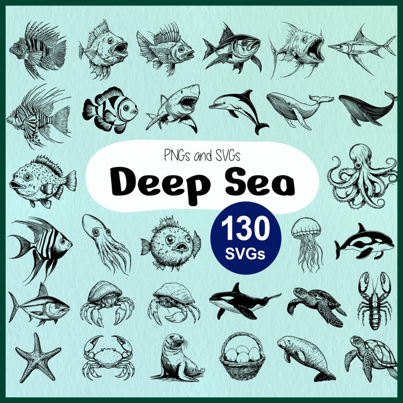 Deep Sea Fish SVG: 130 Ocean Animals Cut Files, Marine Life Vector File ...