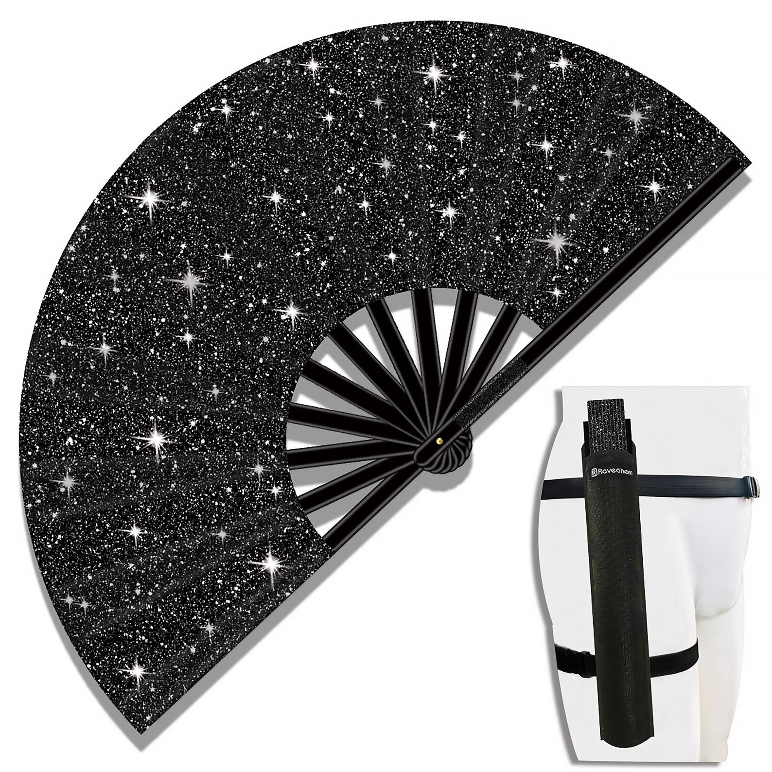 Large Glitter Rave Clack Folding Hand Fan With Holster, EDM Festival ...