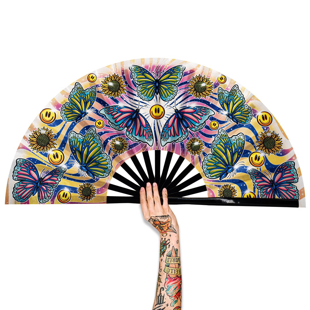 Butterfly Large Rave Festivals Loud Clack Satin Hand Held Folding Fan ...