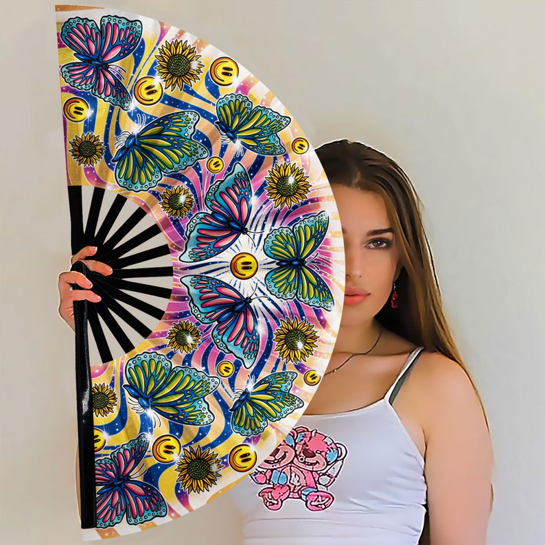 Butterfly Large Rave Festivals Loud Clack Satin Hand Held Folding Fan ...