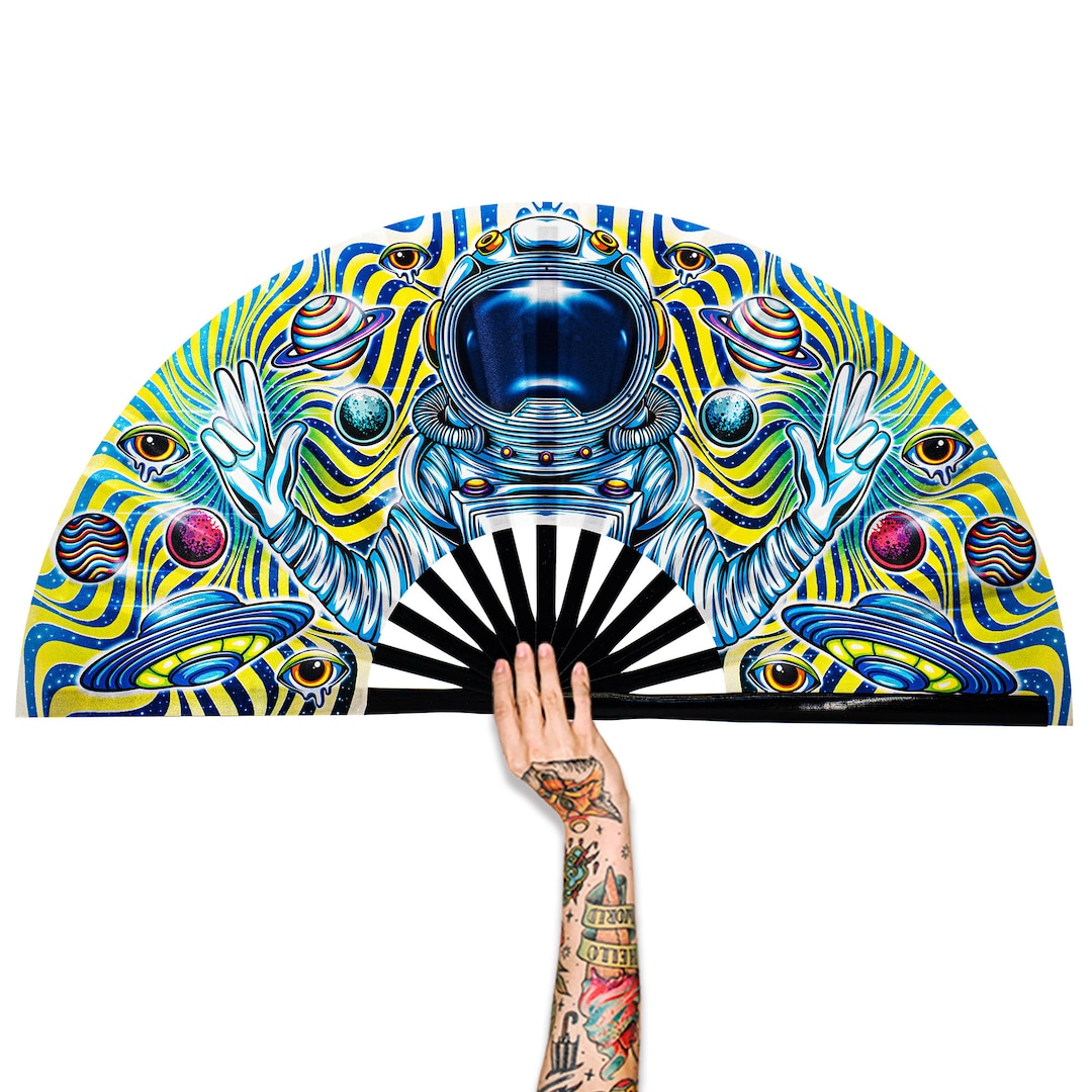 Spaceman Large Rave Festivals Loud Clack Satin Hand Held Folding Fan ...