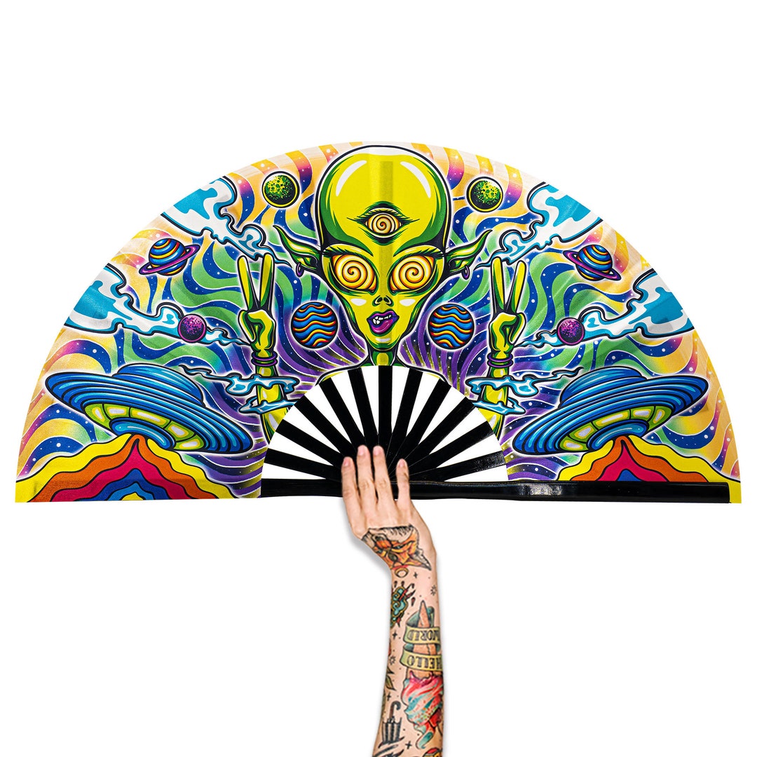 Alien Large Rave Festivals Loud Clack Satin Hand Held Folding Fan for ...