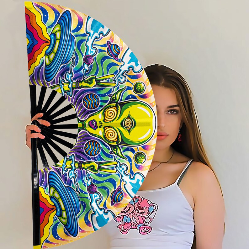Alien Large Rave Festivals Loud Clack Satin Hand Held Folding Fan for ...