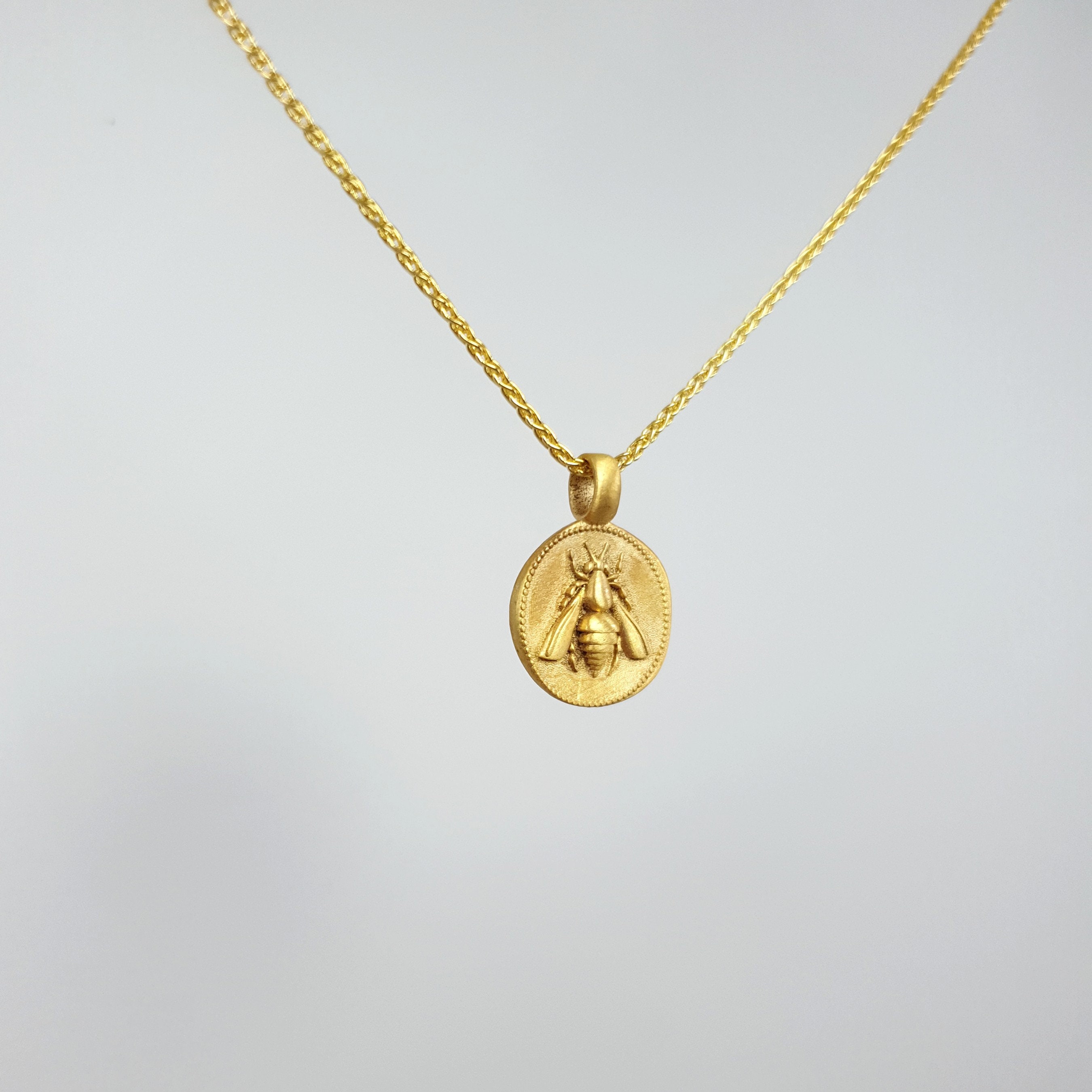 14k Solid Gold Bee Coin Pendant: Spirit Animal Charm - Etsy