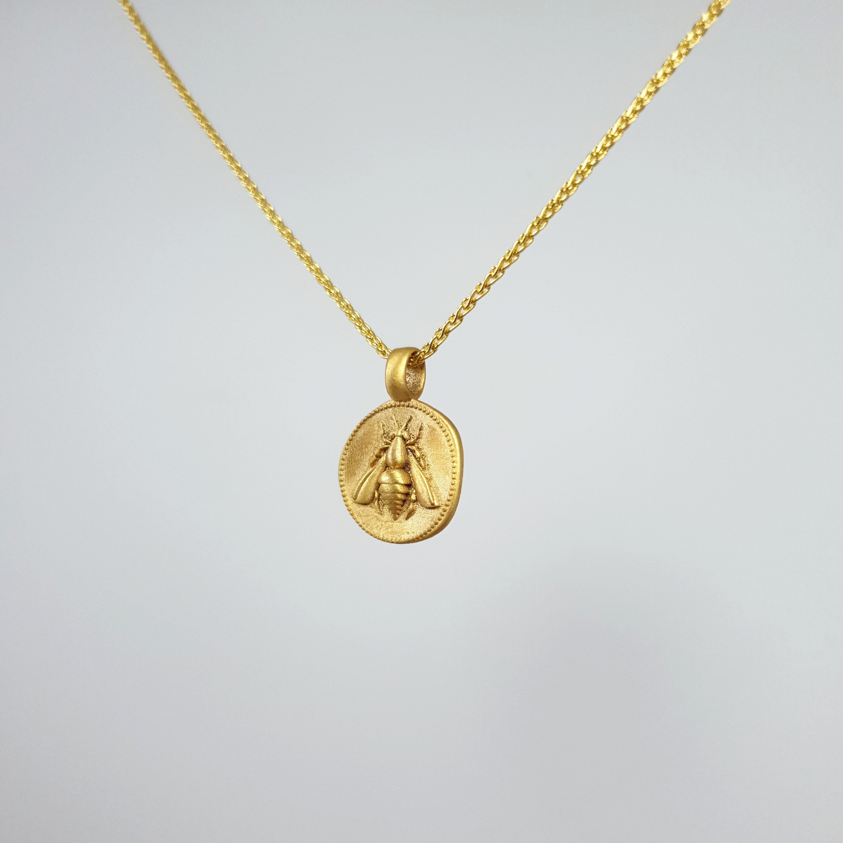 14k Solid Gold Bee Coin Pendant: Spirit Animal Charm - Etsy