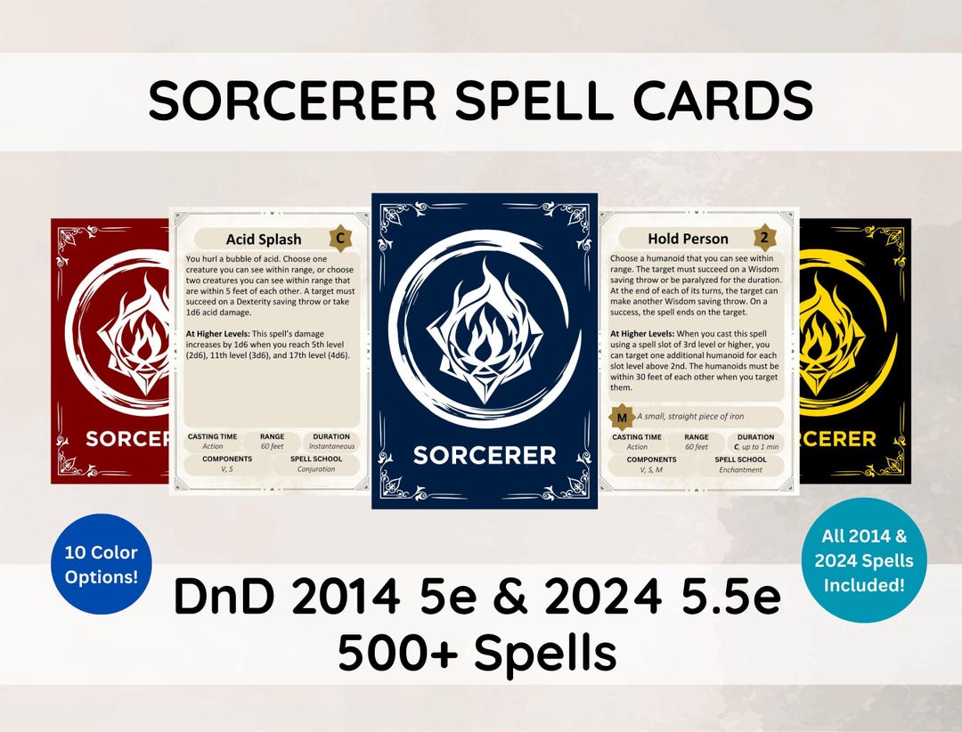 Dnd 5e Sorcerer Spell Cards Set | 2014 & 2024 Spells Included ...