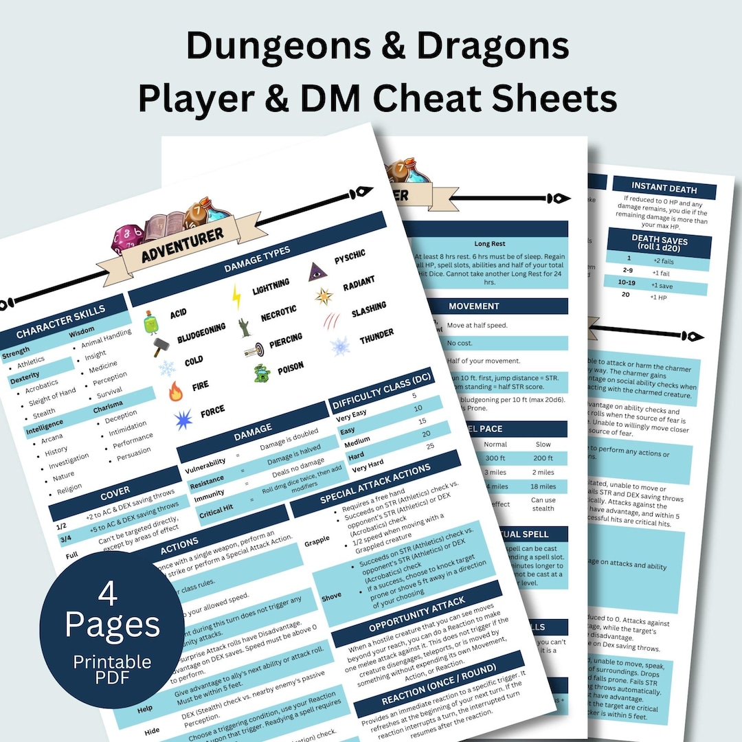 Dnd New Player and DM Cheat Sheet, Quick Reference Guide, Dnd 5e Player Guide, Digital Download ...