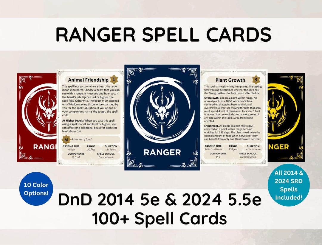 Dnd 5e Ranger Spell Cards – 100+ Printable PDF Spellbook (2014 & 2024 ...