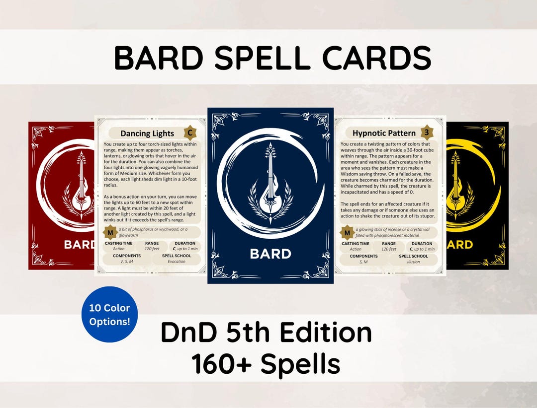 Dnd 5e Bard Spell Cards Set Dnd Spellbook Bundle Over 160 Spells 10 ...