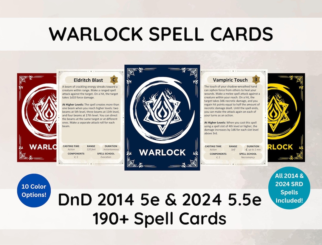 Dnd 5e Warlock Spell Cards – 190+ Printable PDF Spellbook (2014 & 2024 ...