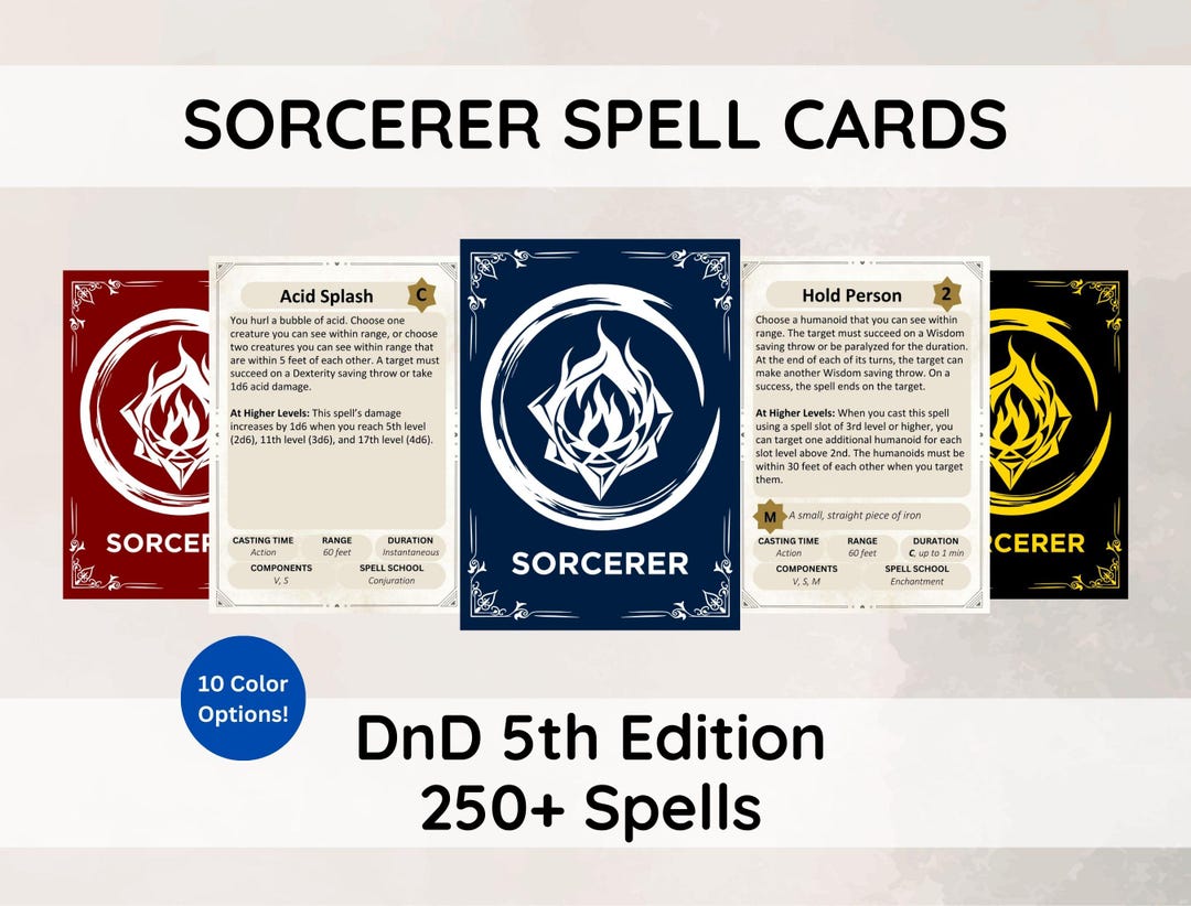 Dnd 5e Sorcerer Spell Cards Set Dnd Spellbook Bundle Over 250 Spells 10 ...