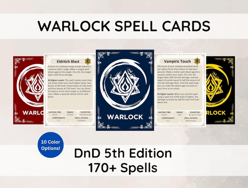 Dnd 5e Warlock Spell Cards Set Dnd Spellbook Bundle Over 170 Spells 10 ...