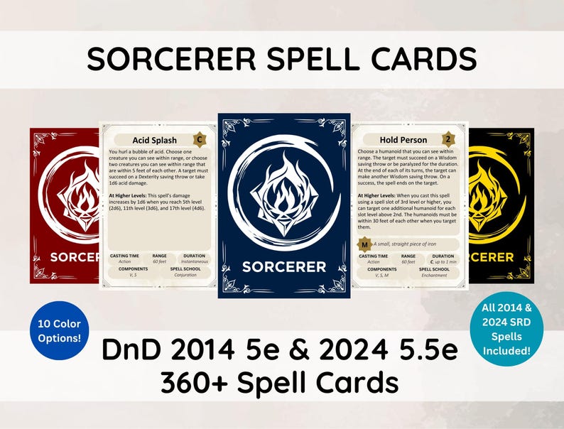 Dnd 5e Sorcerer Spell Cards – 360+ Printable PDF Spellbook (2014 & 2024 ...
