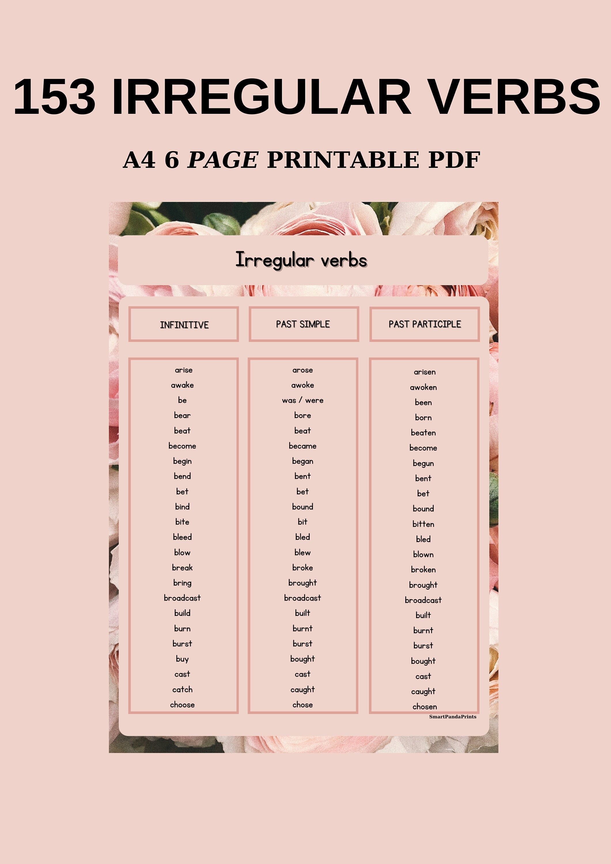 Irregular Verb List Printable
