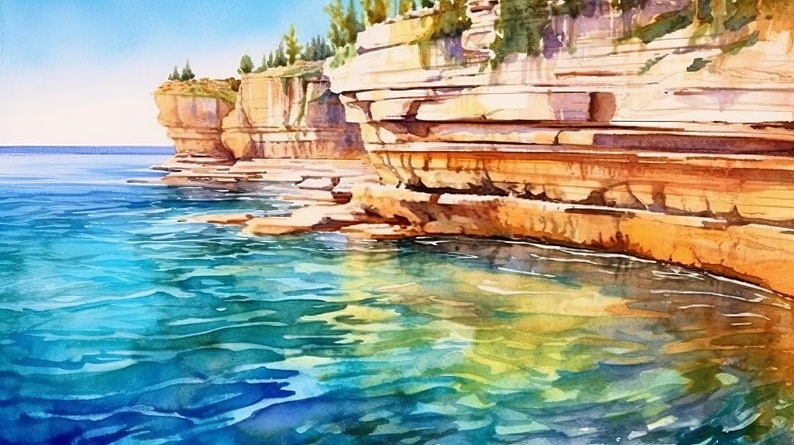 Pictured Rocks Print National Lakeshore Michigan Art Watercolor Digital ...