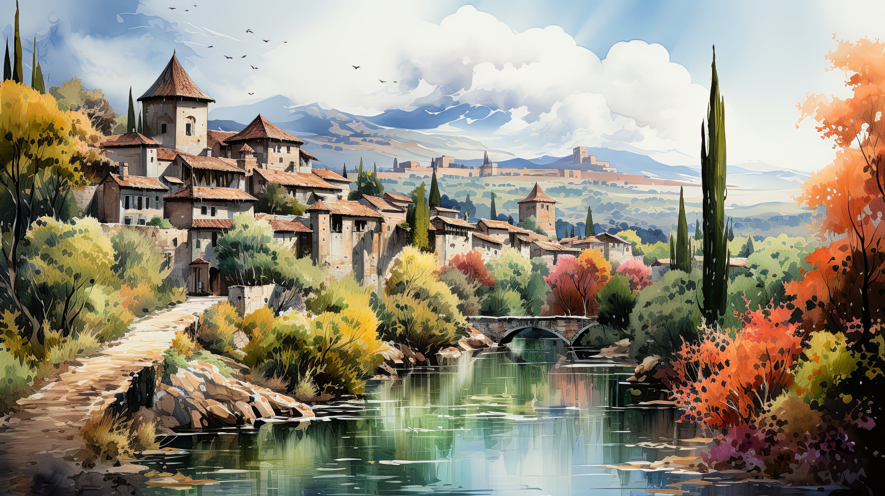 Alhambra Art Granada Spain Art Bundle Watercolor Wall Art Oil Painting ...